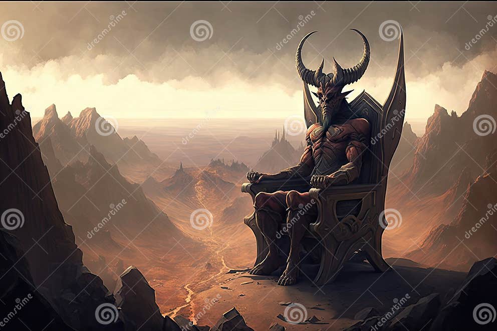 Devil, Sitting on Throne, with View of Hellish Landscape in the ...