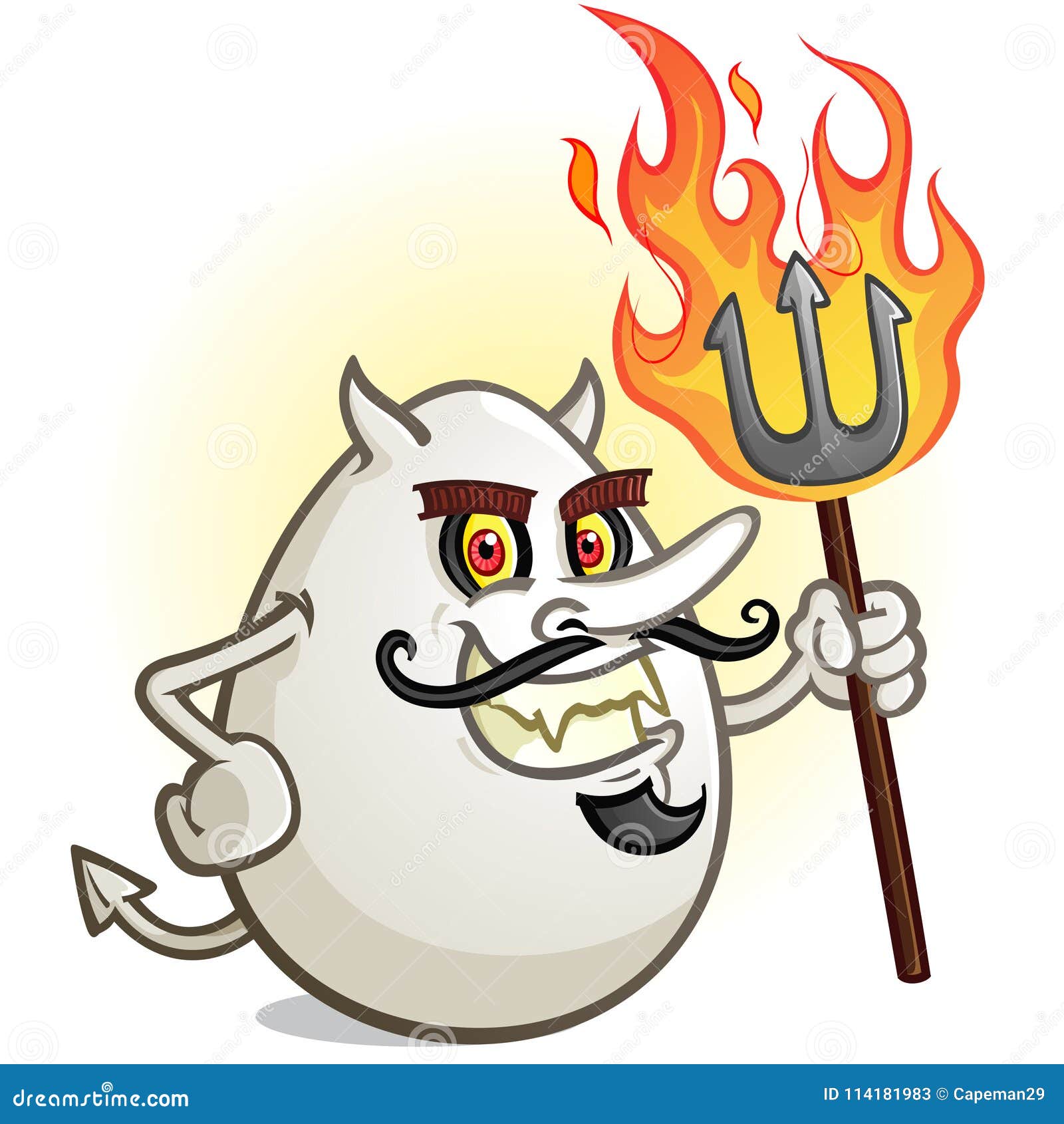 A Deviled Egg Cartoon Character Holding a Flaming Pitch Fork Stock ...