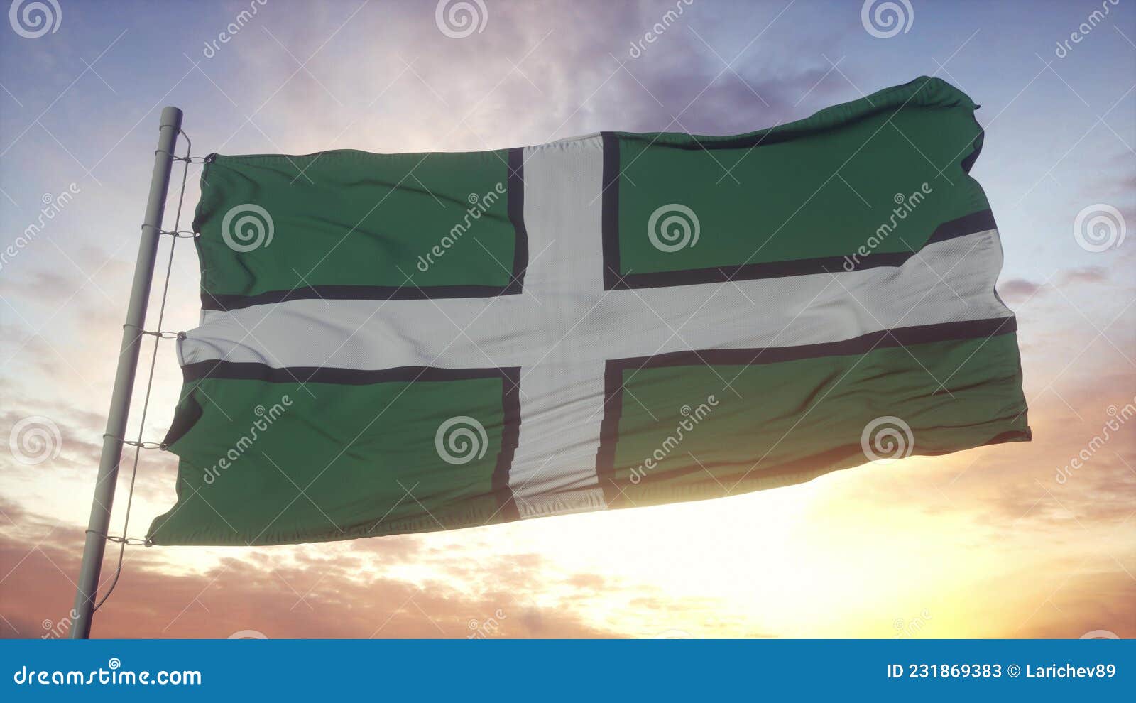Devon Flag, England, Waving In The Wind, Sky And Sun Background. 3d ...