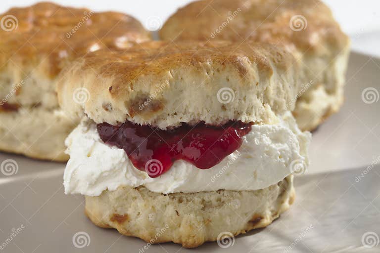 Devonshire Scone with Cream and Jam Stock Photo - Image of scones ...