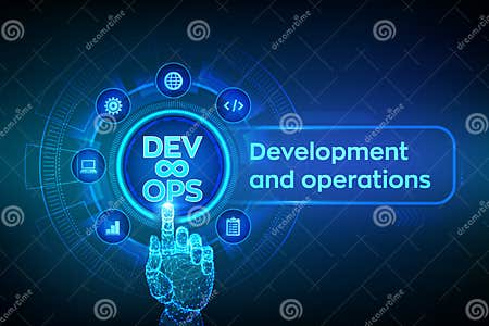 Devops. Agile Development and Optimisation Concept on Virtual Screen. Software Engineering Stock ...