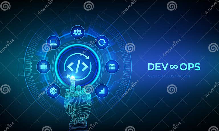 Devops. Agile Development and Optimisation Concept on Virtual Screen. Software Engineering Stock ...