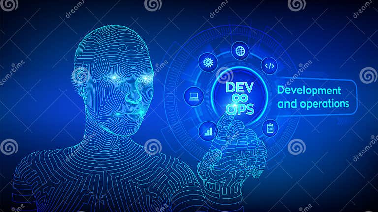 Devops. Agile Development and Optimisation Concept on Virtual Screen. Software Engineering Stock ...