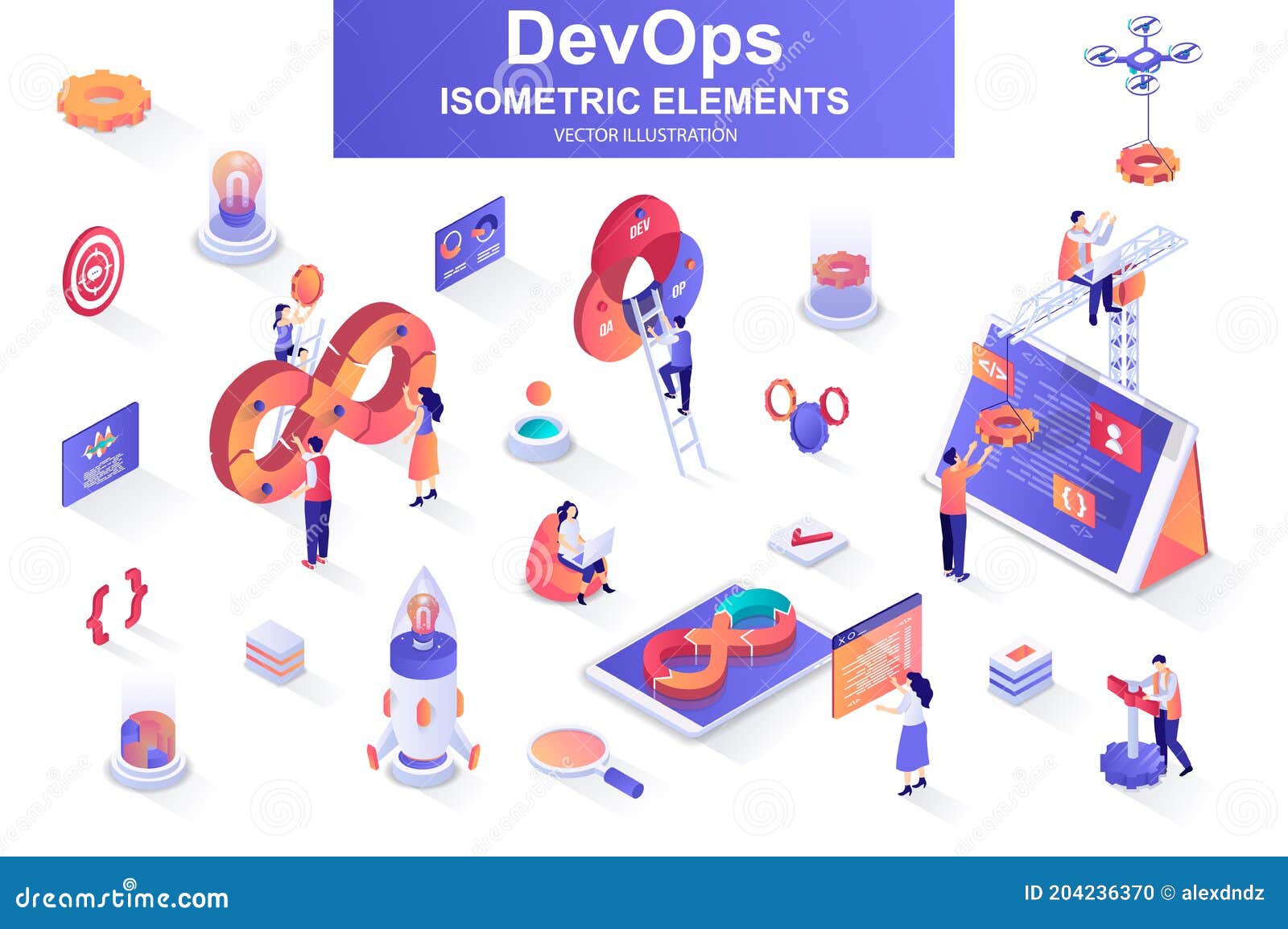 DevOps Bundle Of Isometric Elements. Startup Launch, Software ...