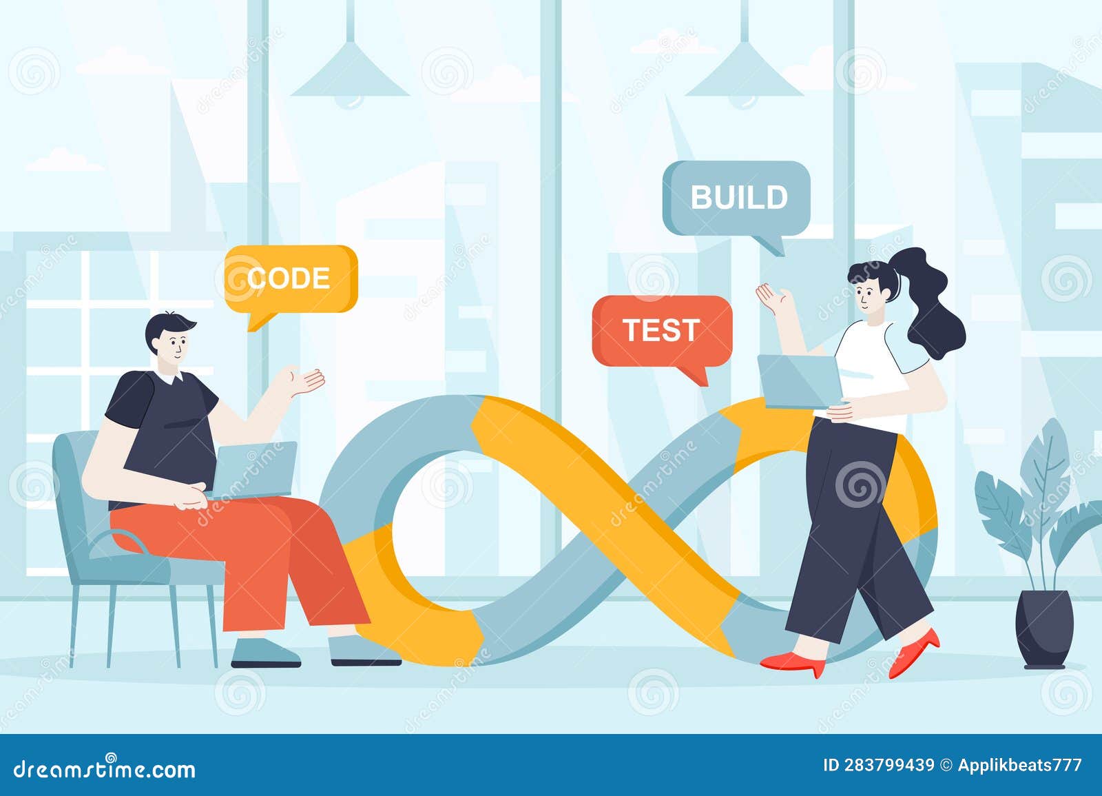 Devops Concept In Flat Design Teamwork And Communication In Office Scene Stock Vector