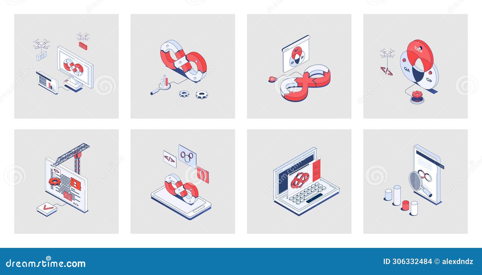 DevOps Concept of Isometric Icons in 3d Isometry Design for Web. Stock ...