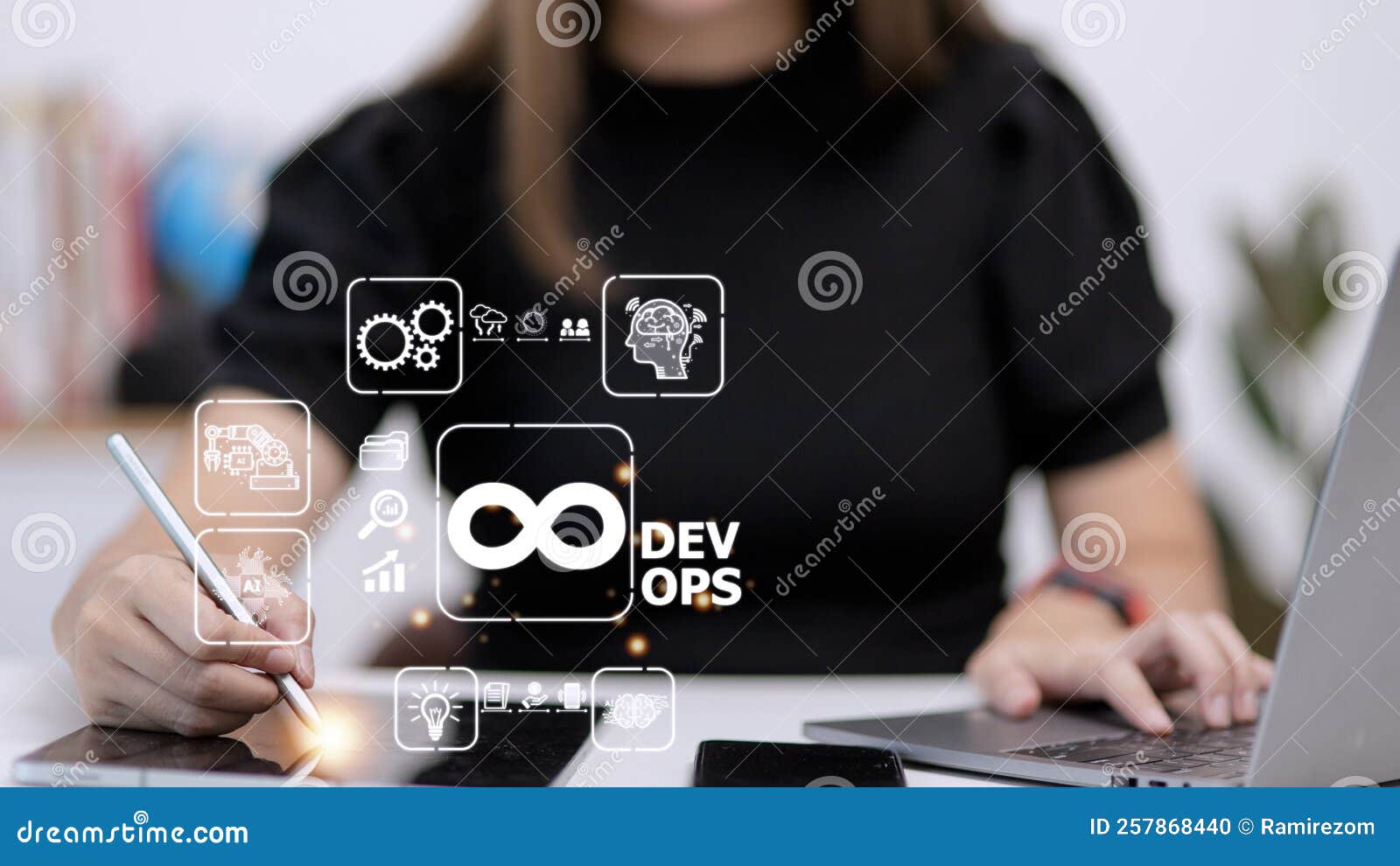 DevOps Concept, Man Hand Touching Smartphone With DevOps Icon On VR ... DevOps Concept, Man Hand Touching Smartphone With DevOps Icon On VR ...