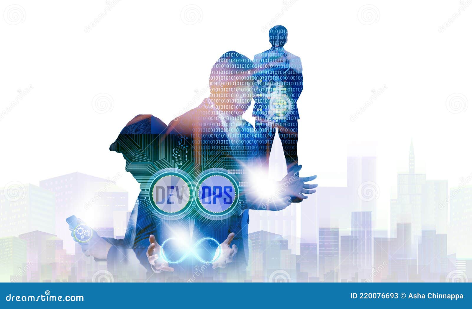 DevOps Concept and Teams Working Together with City Buildings at ...