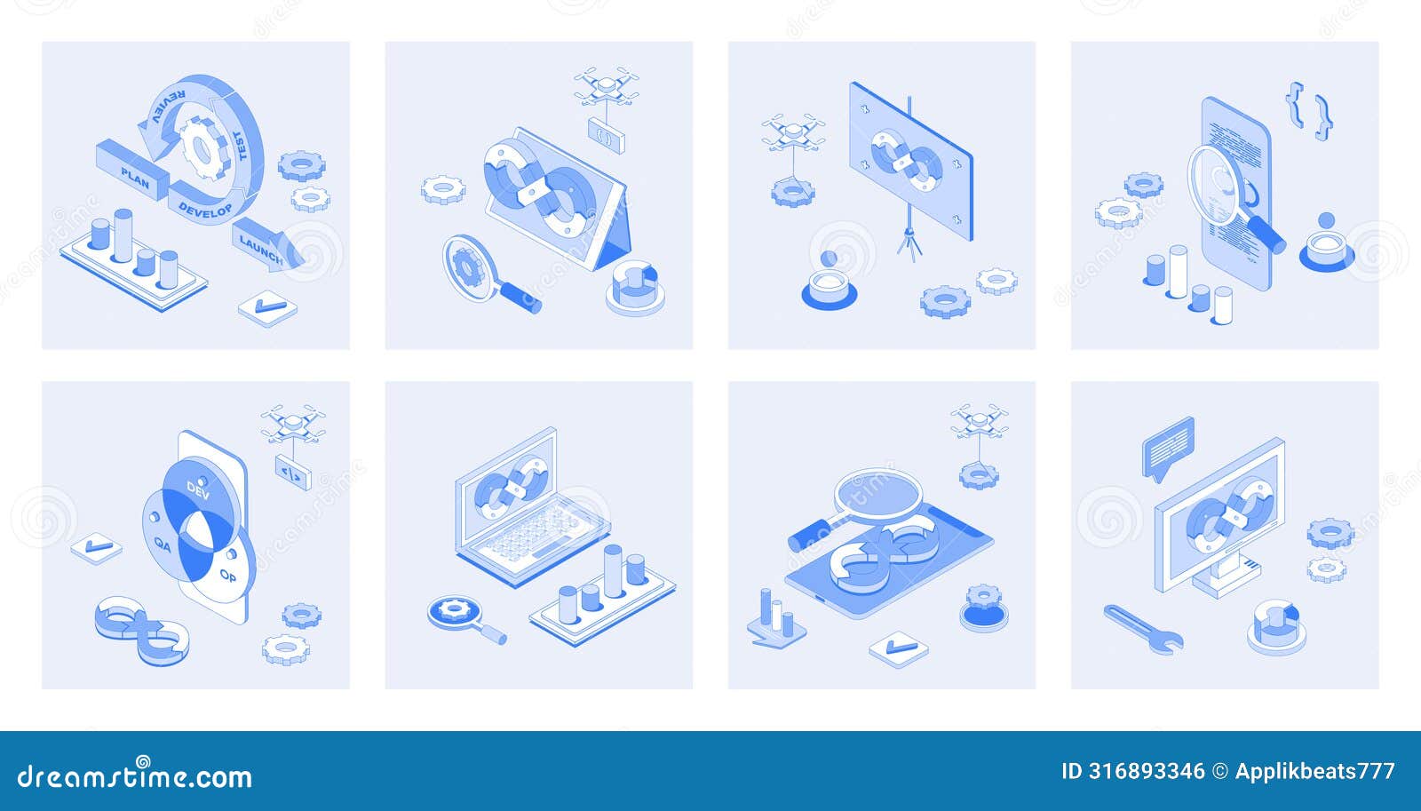 DevOps 3d Isometric Concept Set with Isometric Icons Design for Web. Collection of Agile Coding ...