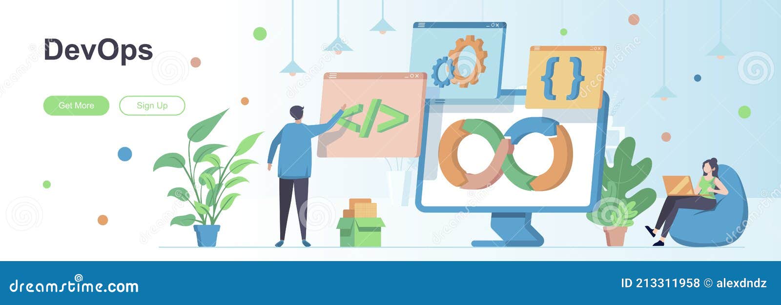 DevOps Landing Page with People Characters. Programming and Engineering ...