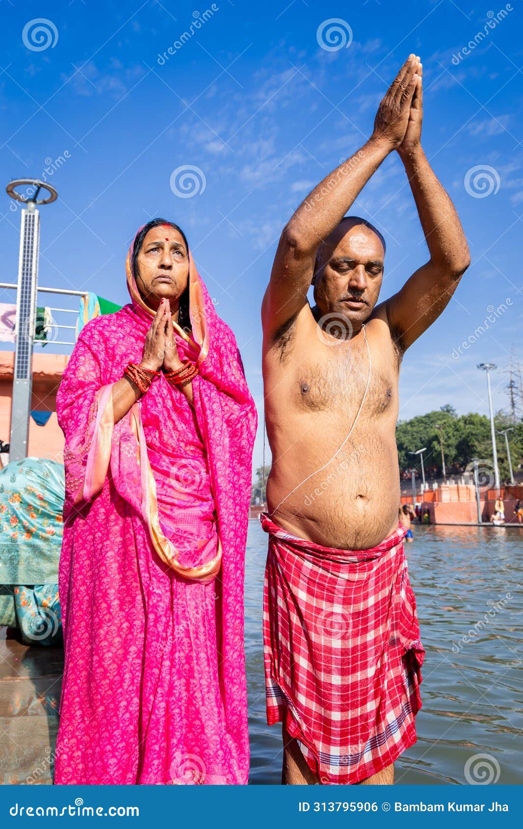 Devotee Couple Praying after Bathing in Holy River Water at Morning ...