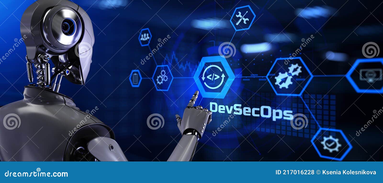 DevSecOps Programming Software Development Concept. Robot Pressing Button on Screen 3d Render ...