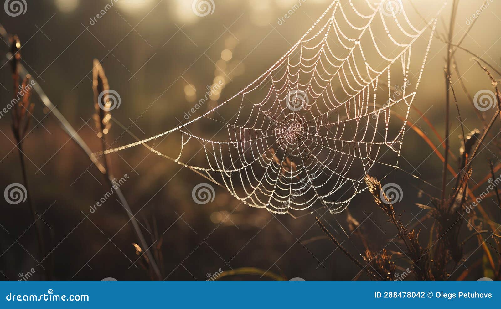 A Dew Covered Spider Web in a Field of Grass at Sunset or Dawn with the ...
