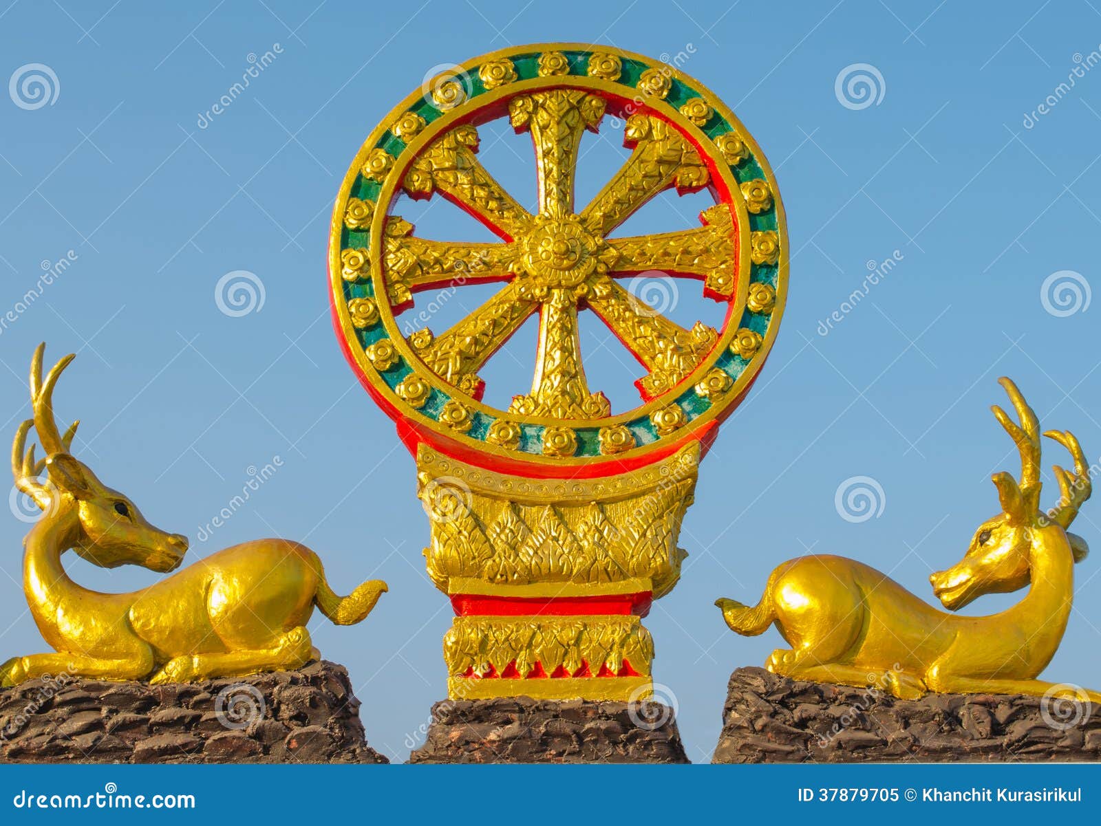 Dharmacakra and Deer Crouch Stock Image - Image of wheel, conceptual ...