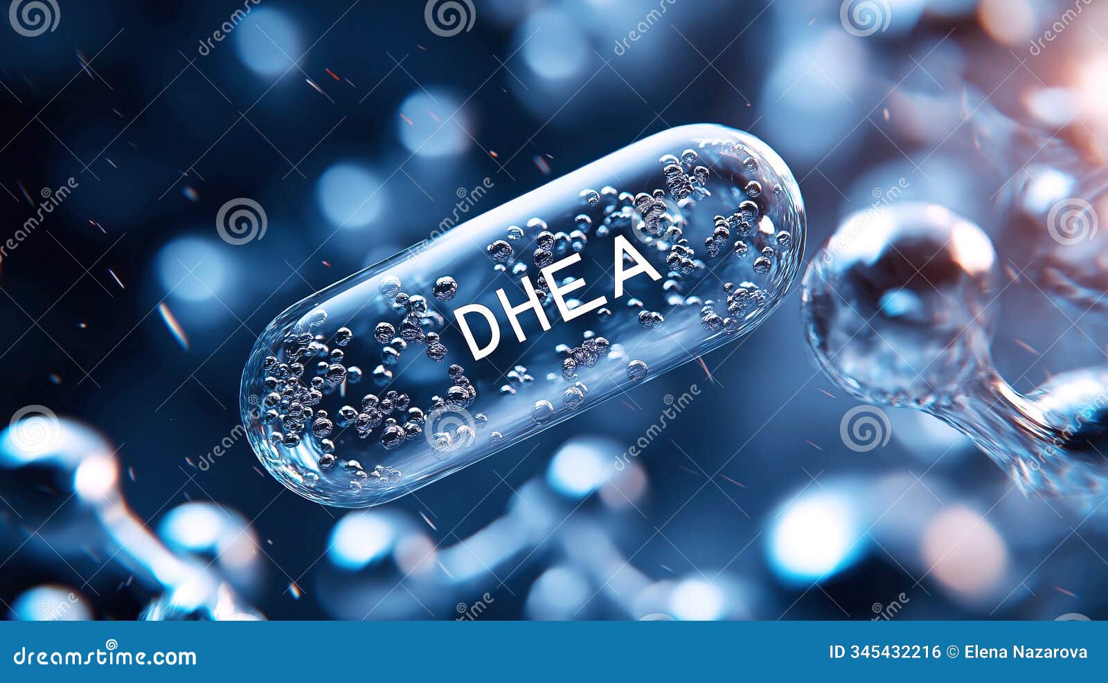 DHEA Supplement Capsule with Molecular Structure and Bubbles in Blue ...