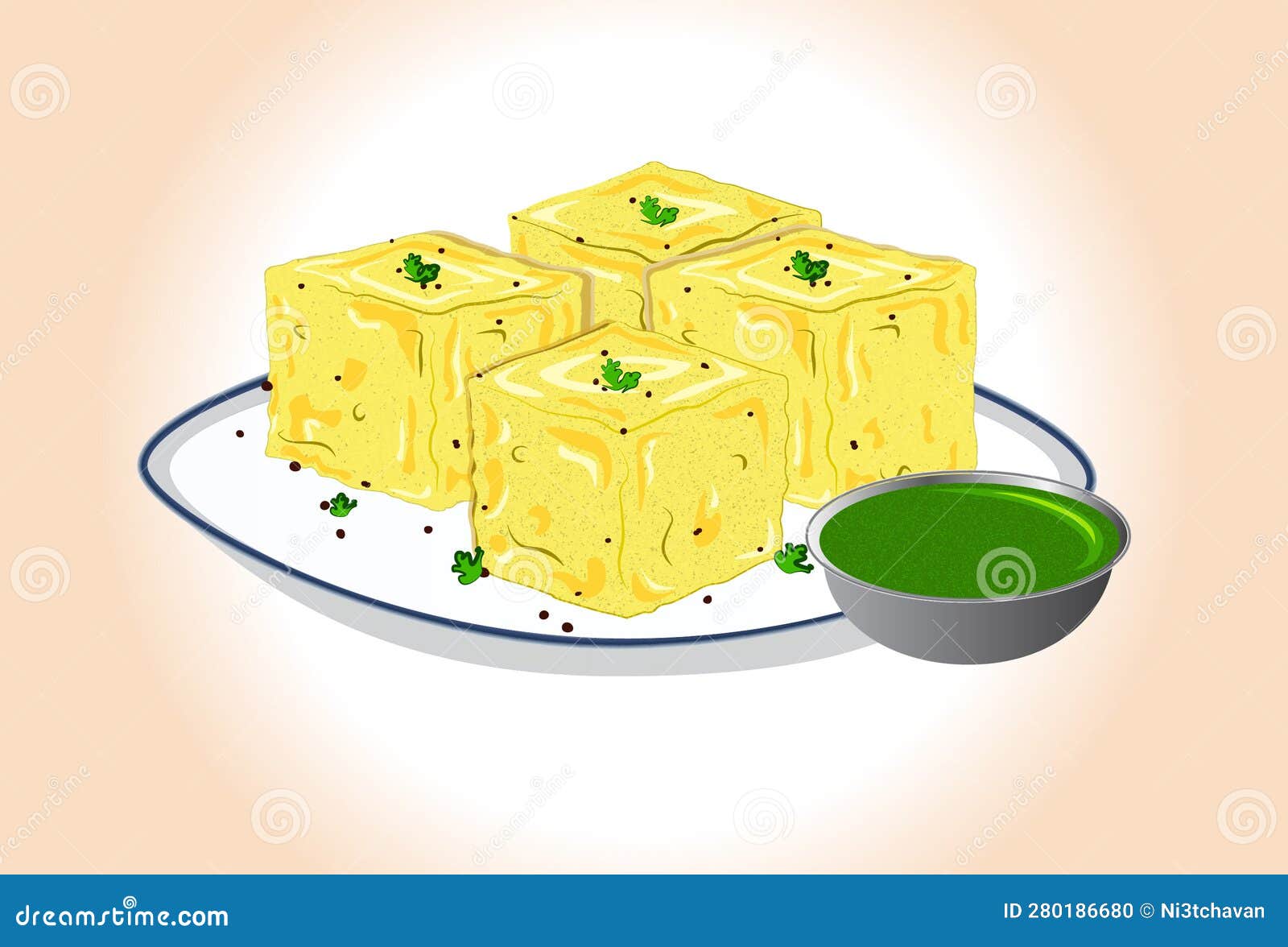 Street Food Sev Khaman Dhokla with Chutney. Vector Illustration. Stock ...
