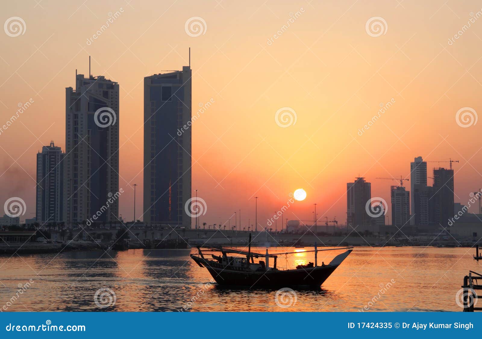 Dhow and Seef Skyline during Sunset in Bahrain Stock Image - Image of ...