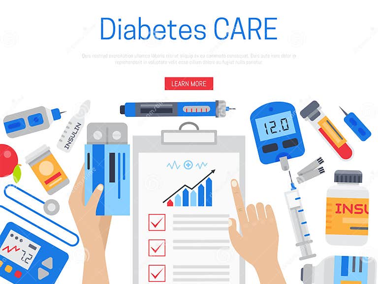 Diabetes Mellitus Care Web Banner Vector Illustration Doctor Cares