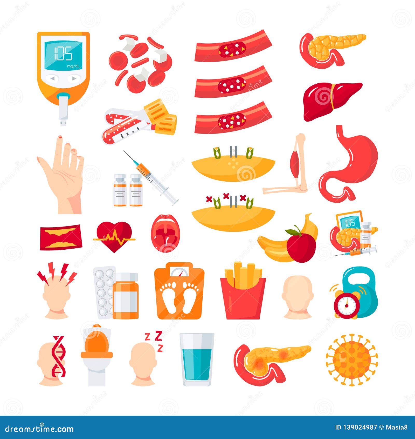 Diabetes Mellitus Icons In Flat Style Vector Stock Illustration