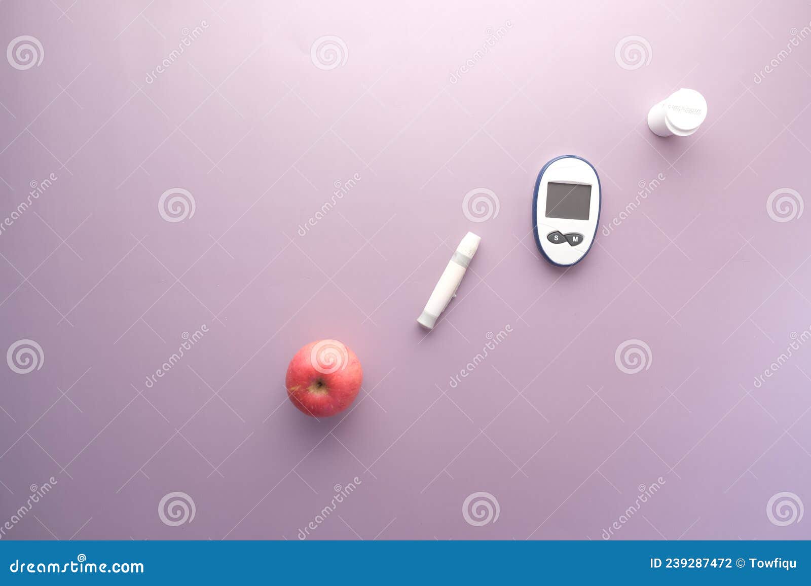 Diabetic Measurement Tools, Apple on Purple Background Stock Photo ...