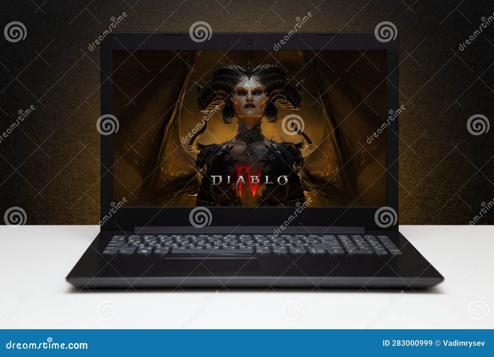 Diablo 4 Game on the Screen Laptop Computer on Black Textured Wall with ...