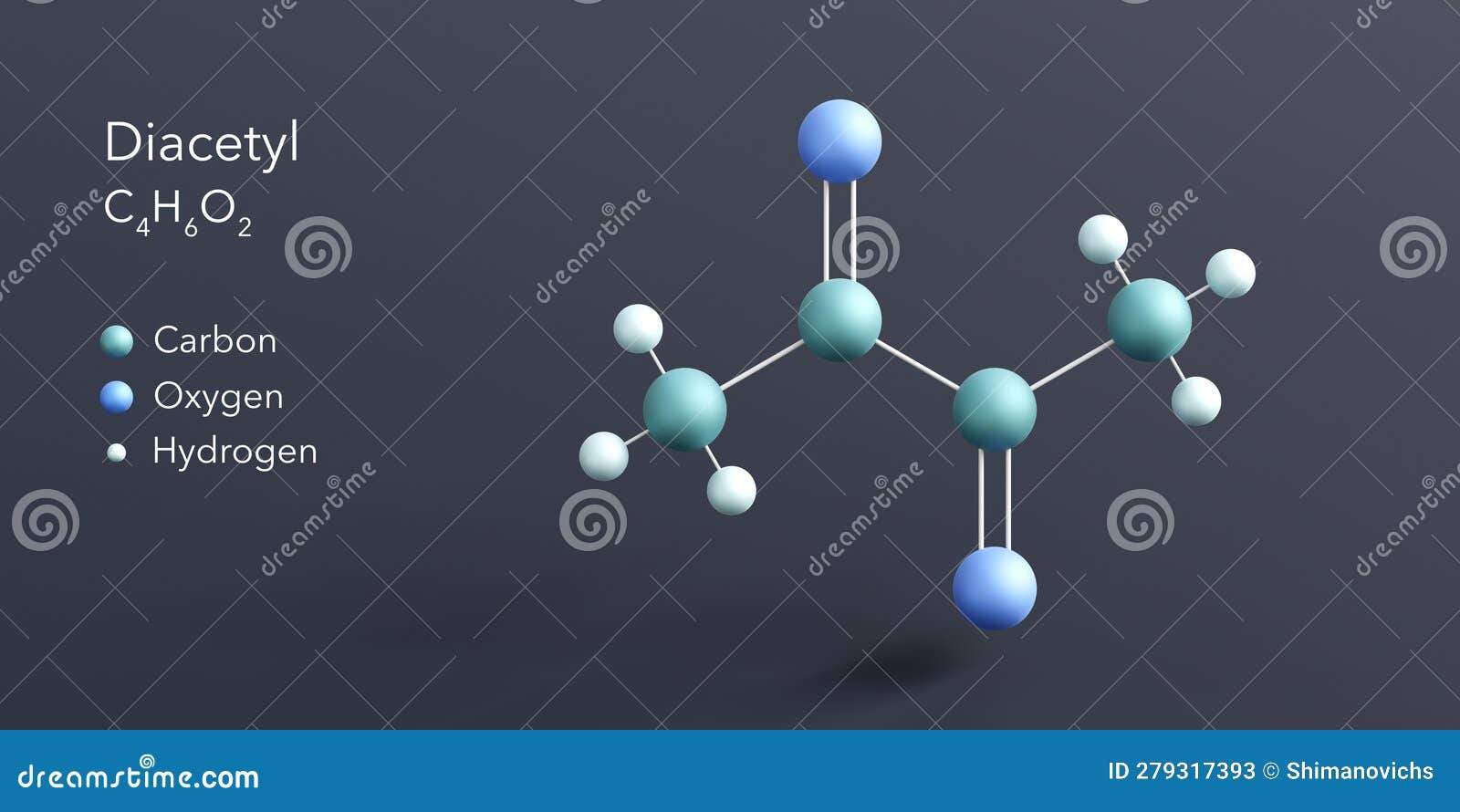 Diacetyl Molecule 3d Rendering Flat Molecular Structure With Chemical