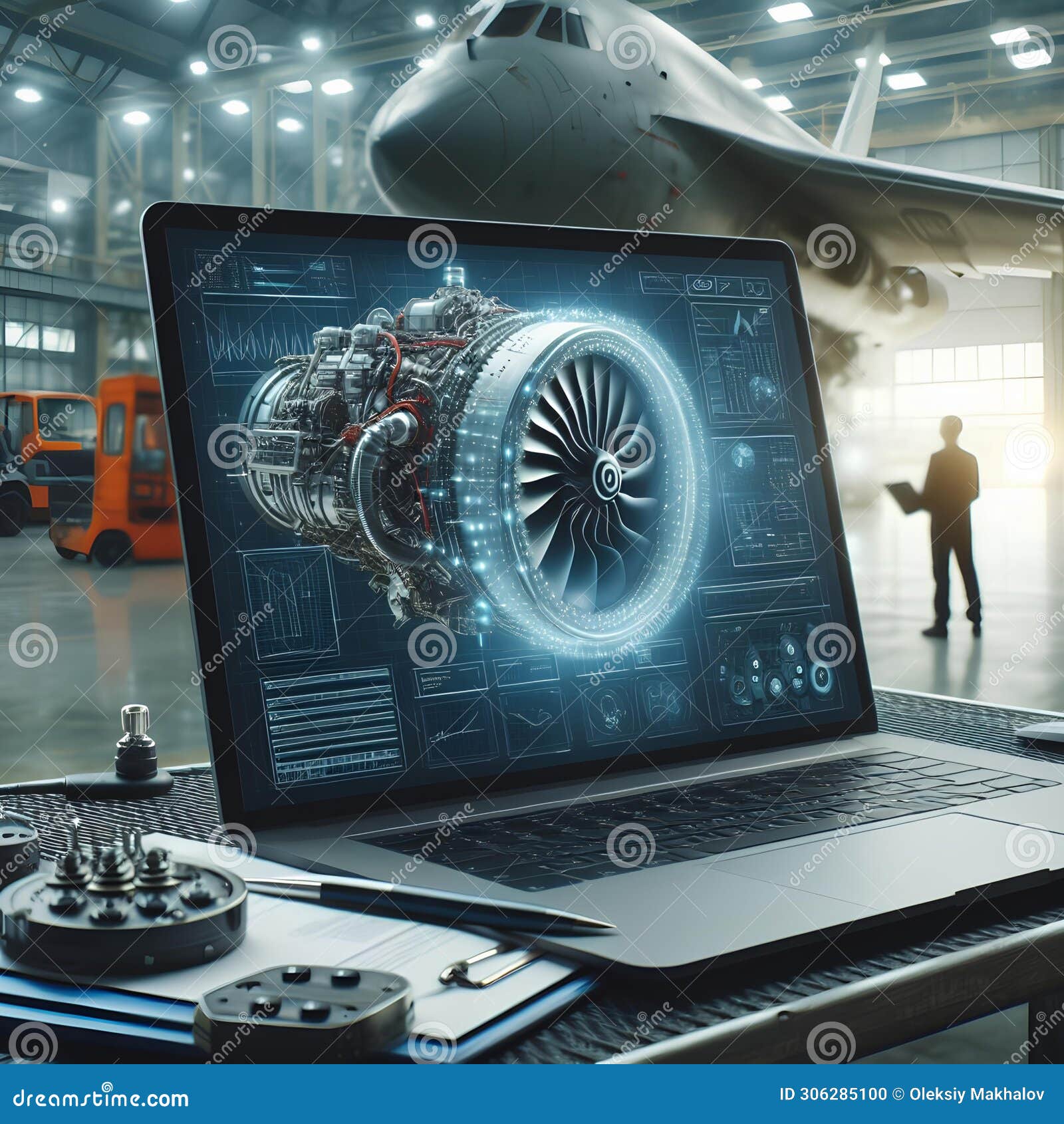 Diagnosing An Engine Turbine Using A Laptop Against The Background Of A ...