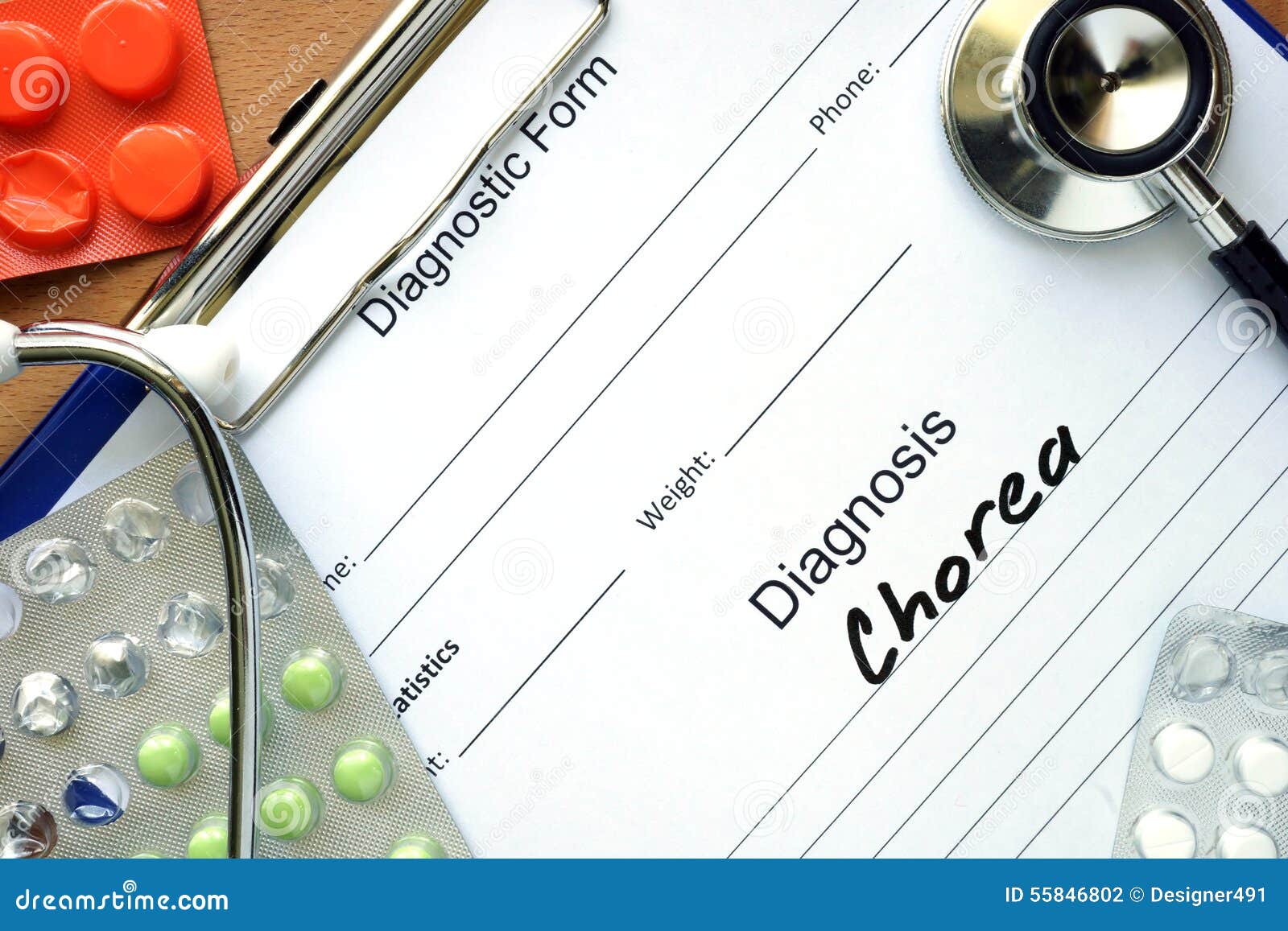 Diagnosis Chorea and Tablets on a Wooden Table. Stock Photo - Image of ...