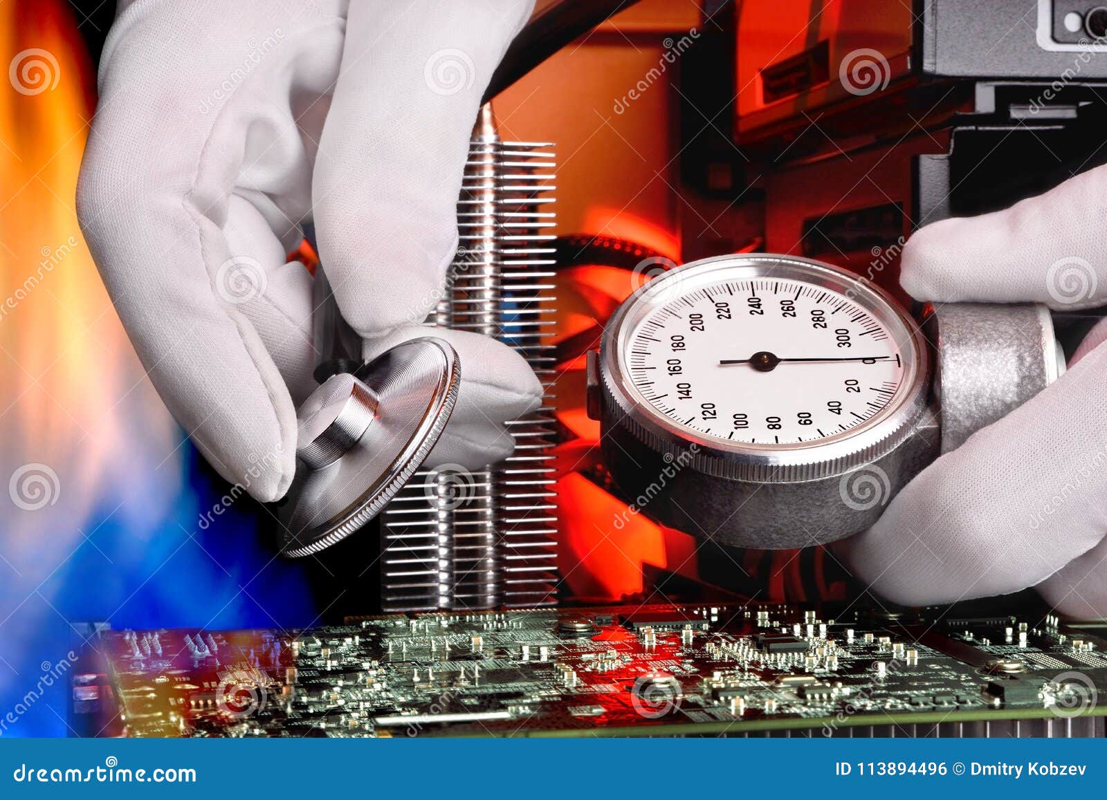 Diagnosis of the Computer from Overheating with a Stethoscope Stock ...