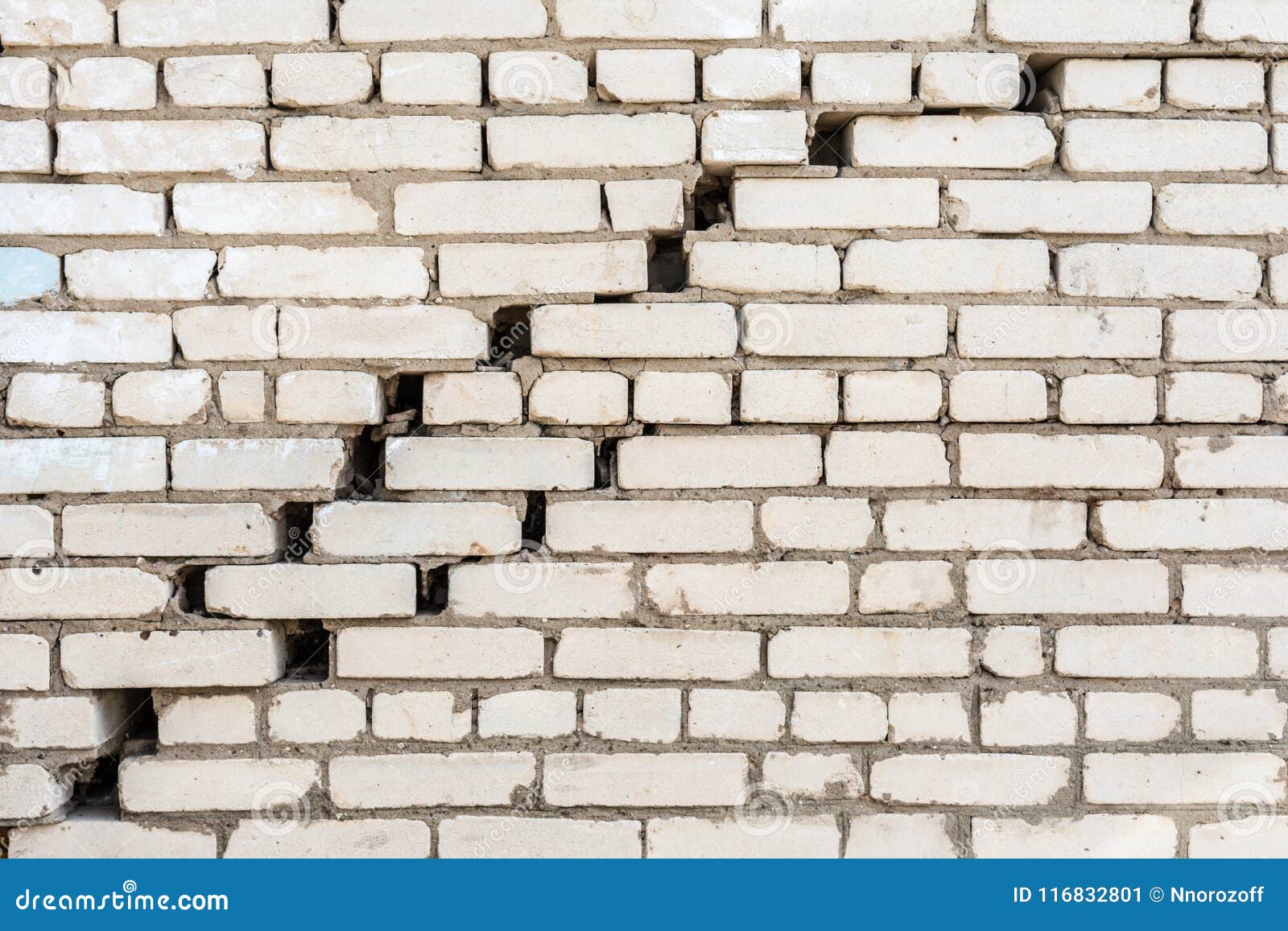 Diagonal Crack in a White Brick Wall, Destruction of a Brickwork ...