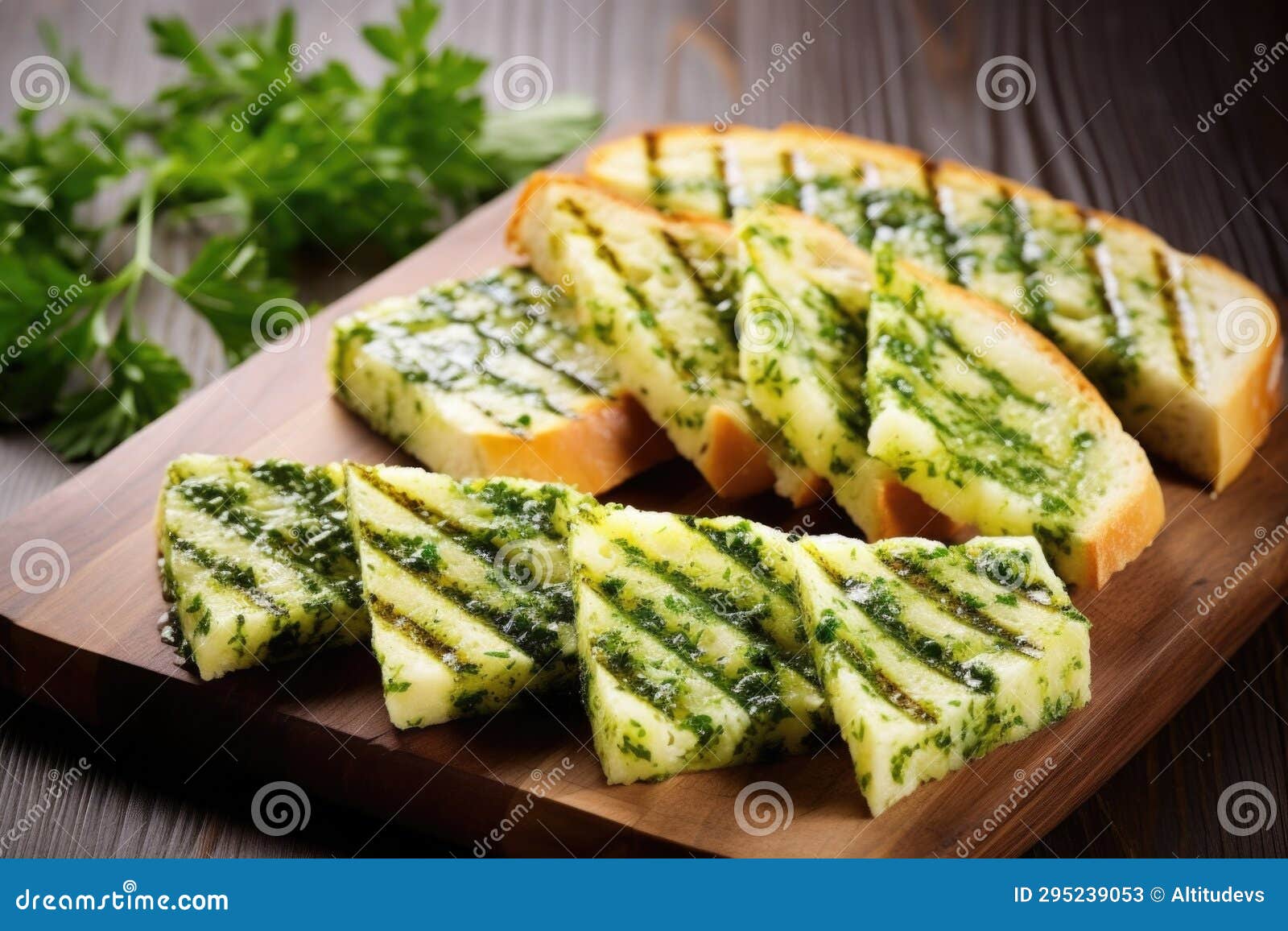 Diagonal Cut of Grilled Bread Smeared with Garlic Herb Butter Stock ...