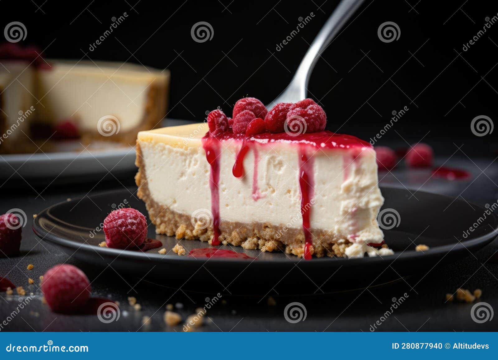 Diagonal Slice of Cheesecake, with Drizzle of Raspberry Sauce and ...