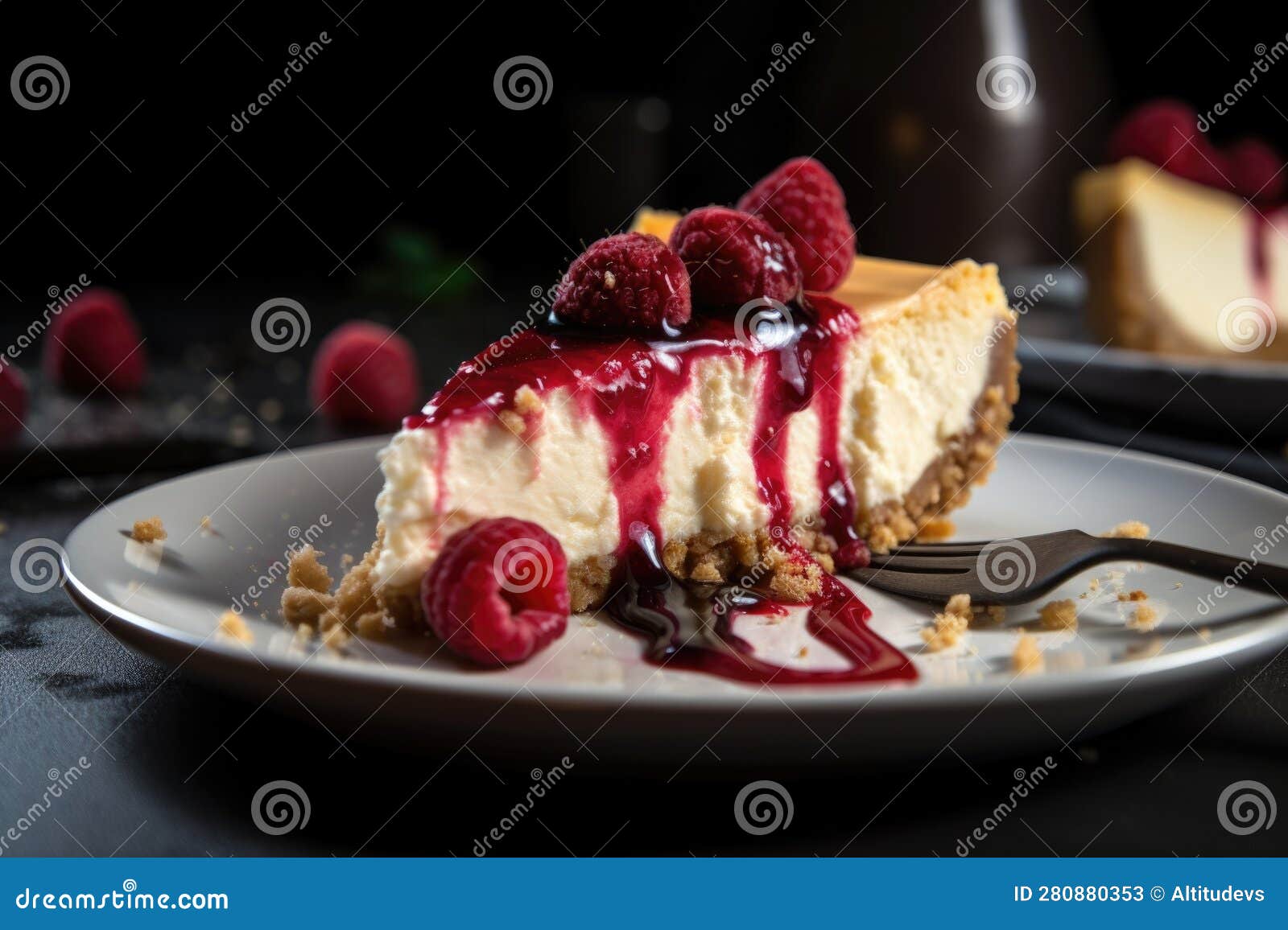Diagonal Slice of Cheesecake, with Drizzle of Raspberry Sauce and ...