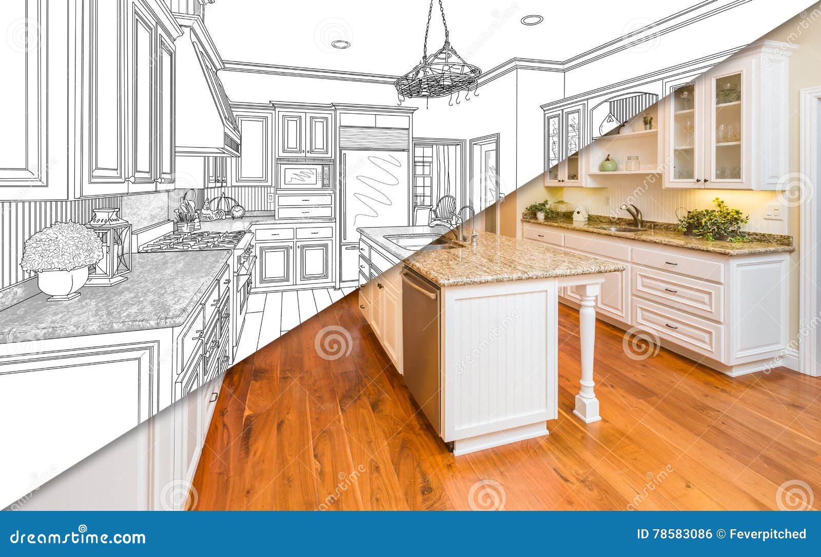 Diagonal Split Screen of Drawing and Photo of New Kitchen Stock Photo ...