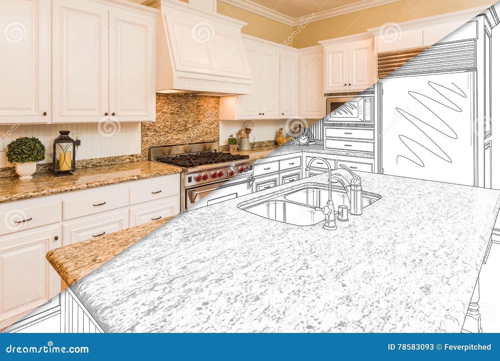 Diagonal Split Screen of Drawing and Photo of New Kitchen Stock Image ...