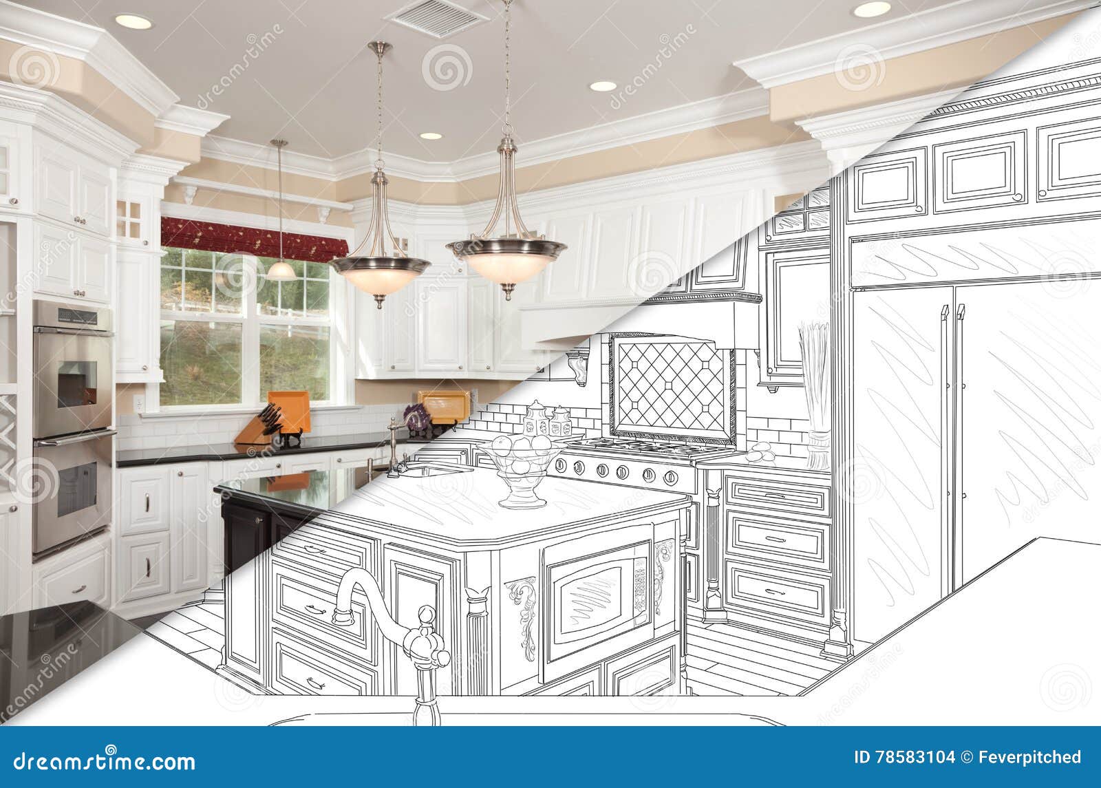 Diagonal Split Screen of Drawing and Photo of New Kitchen Stock Photo ...
