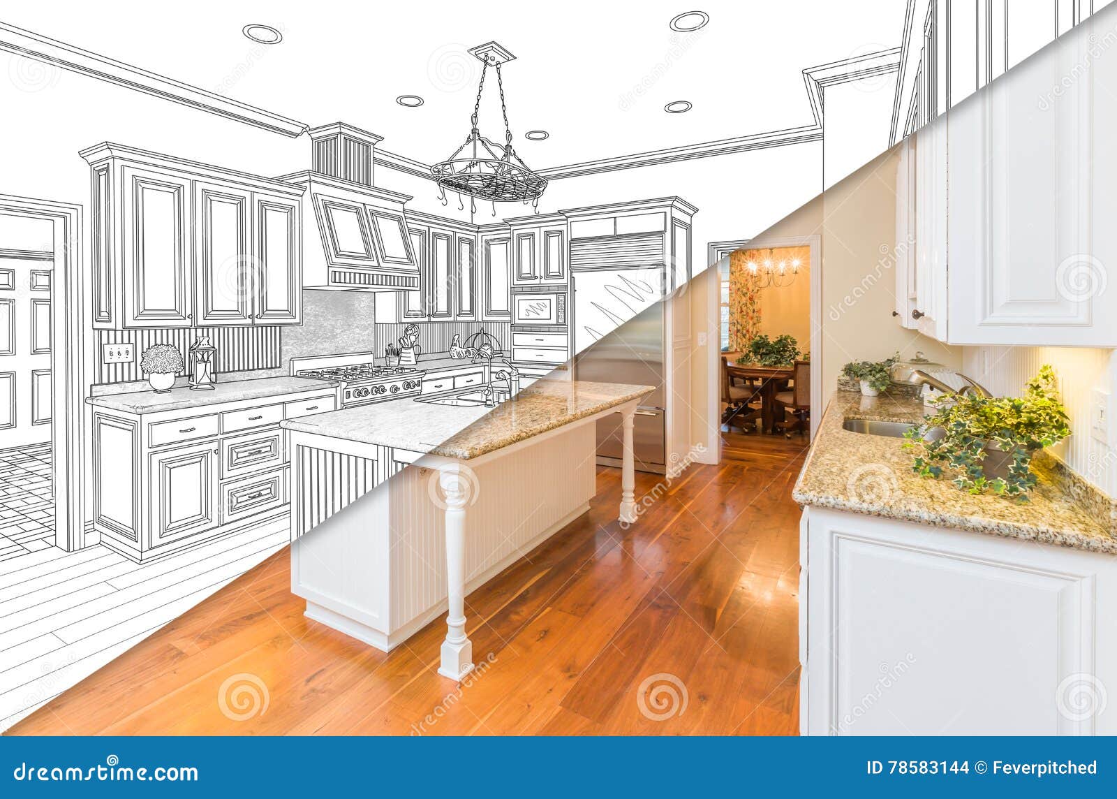 Diagonal Split Screen of Drawing and Photo of New Kitchen Stock Photo ...