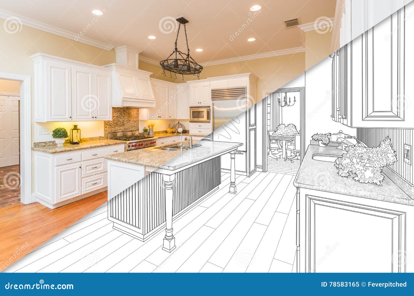 Diagonal Split Screen of Drawing and Photo of New Kitchen Stock ...