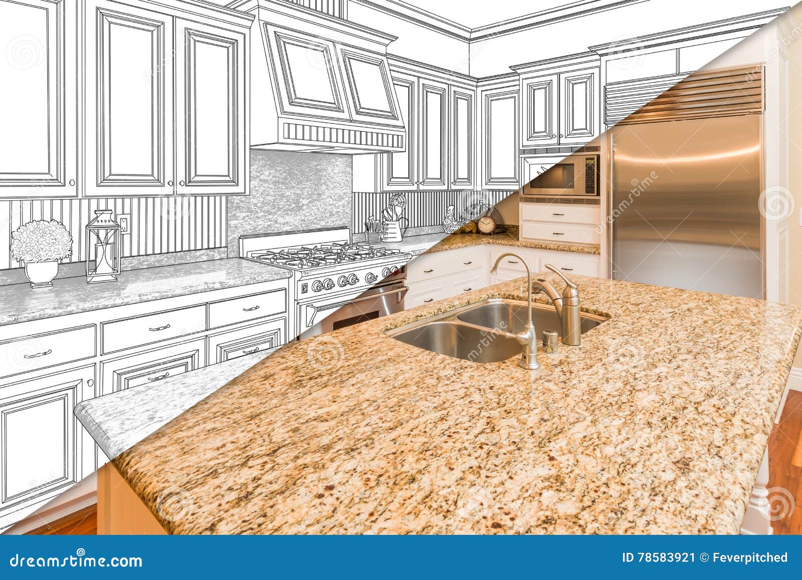 Diagonal Split Screen of Drawing and Photo of New Kitchen Stock ...