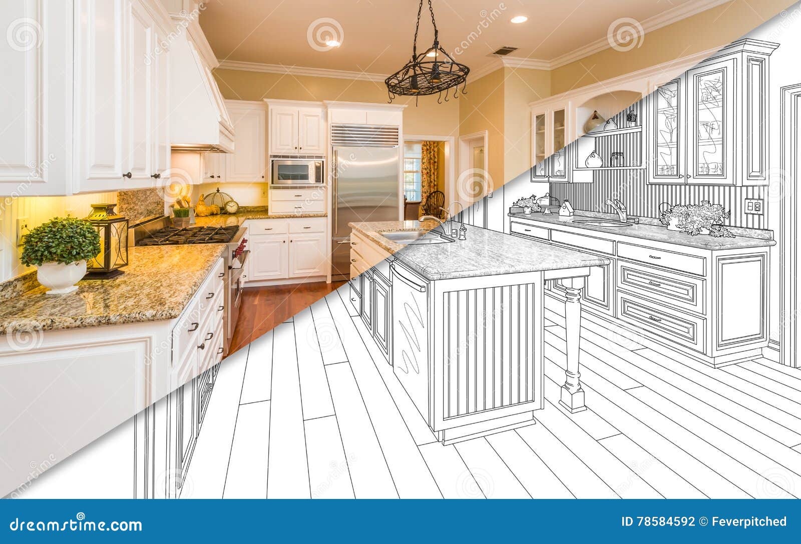 Diagonal Split Screen of Drawing and Photo of New Kitchen Stock ...