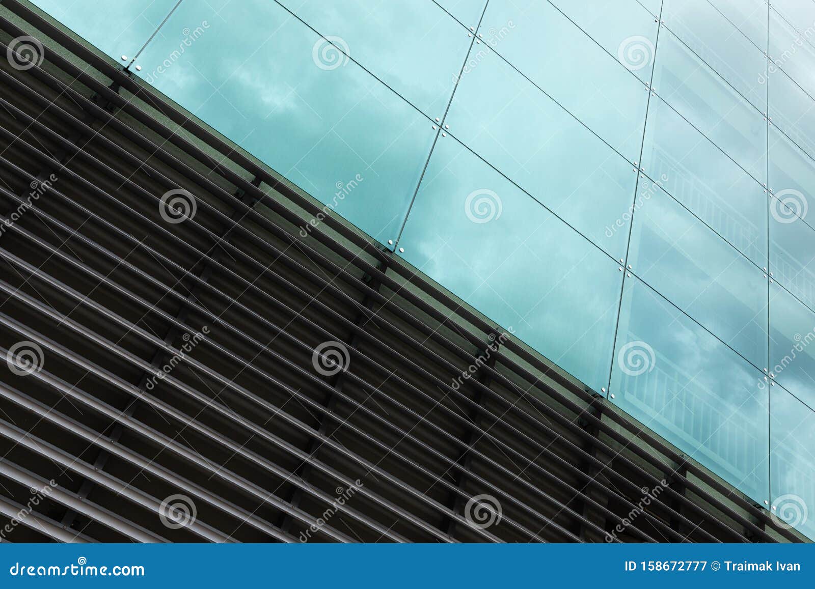 Diagonal View of Modern Wall Surface, Glass and Metal Texture with Sky ...