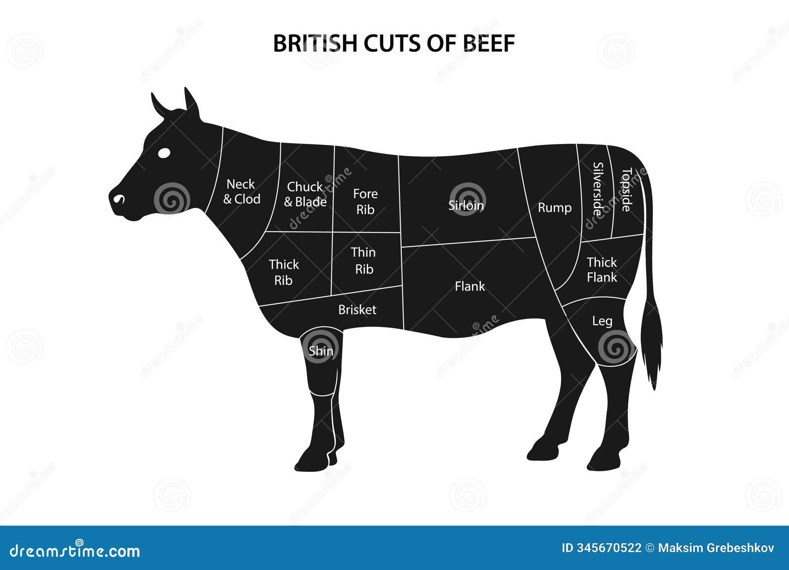 Diagram of British Beef Cuts on Cattle Silhouette Stock Vector ...