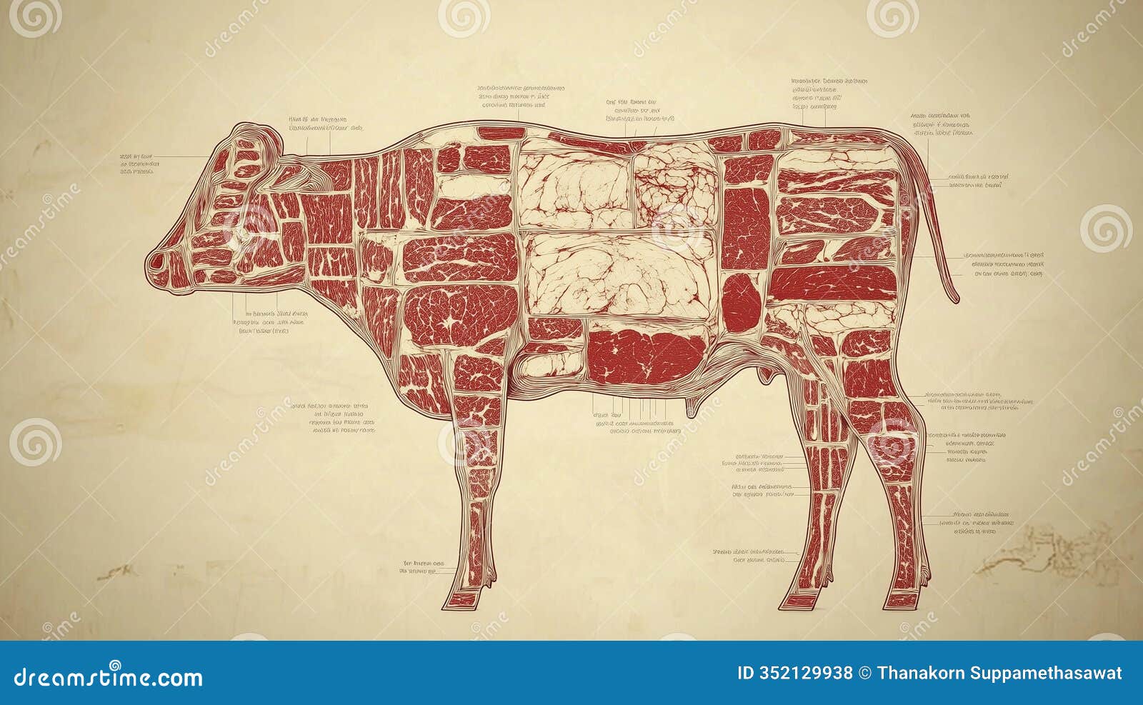 Diagram of Cow Meat Cuts with Labels and Sections Stock Photo - Image ...