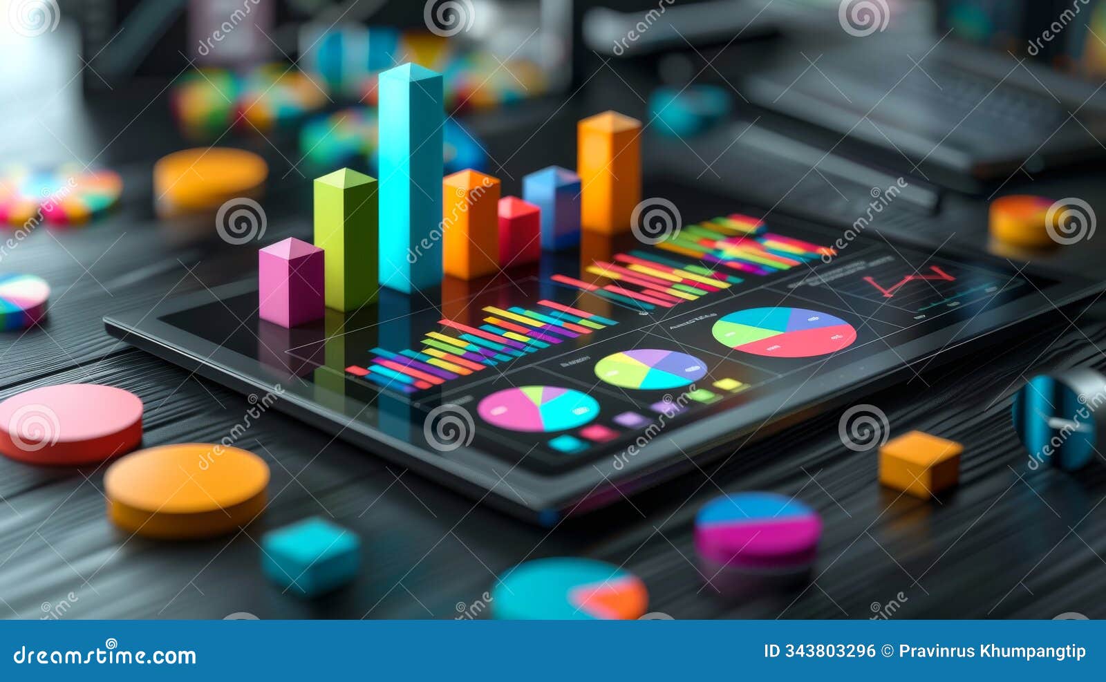 Diagram Data Analysis with Many Colorful Charts on a Tablet 3D Stock ...