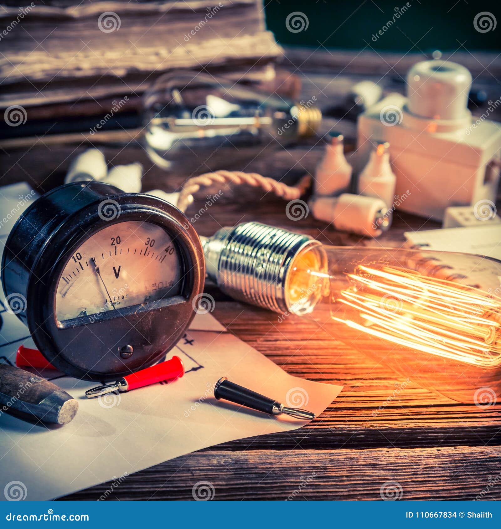 Diagram, Edison Light Bulb and Electrical Components in Classroom Stock ...