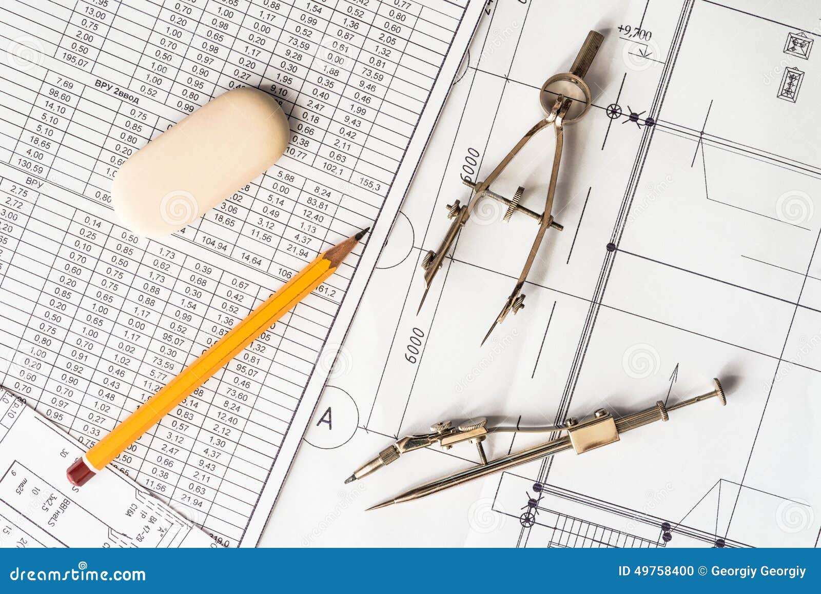 Diagrams and Drawing Tools on the Table with a Pencil and an Era Stock ...