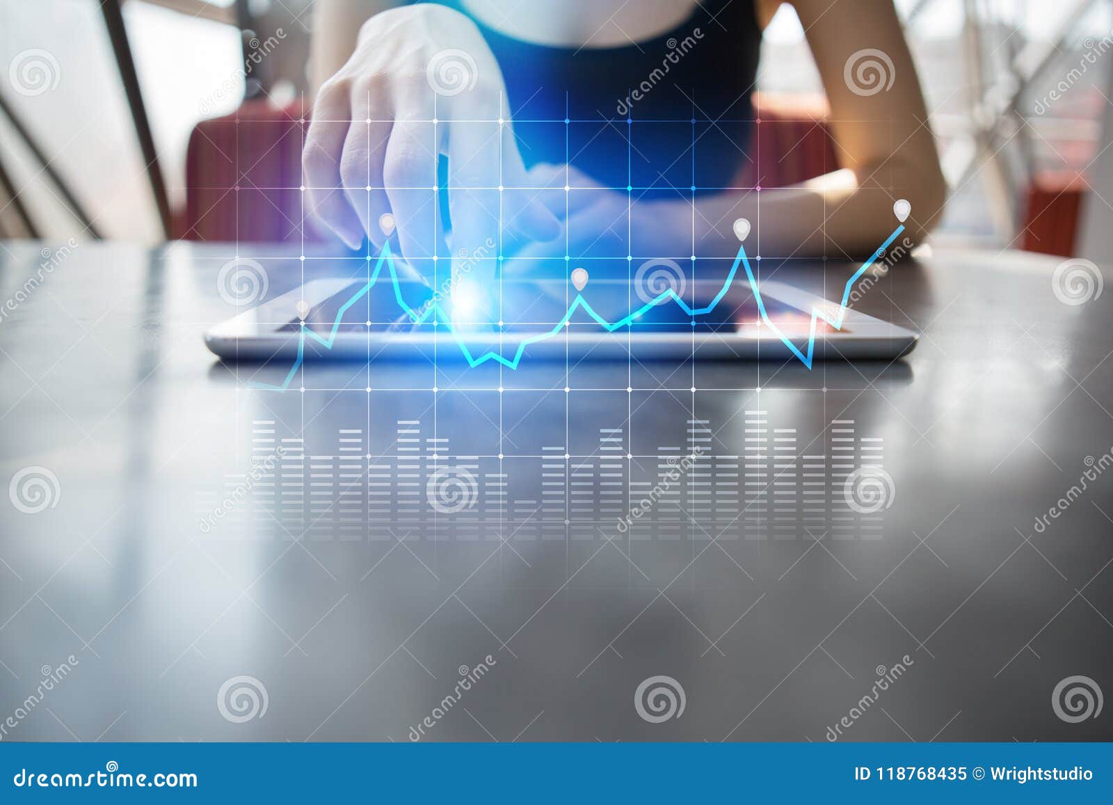 Diagrams and Graphs on Virtual Screen. Business Strategy, Data Analysis Technology and Financial ...