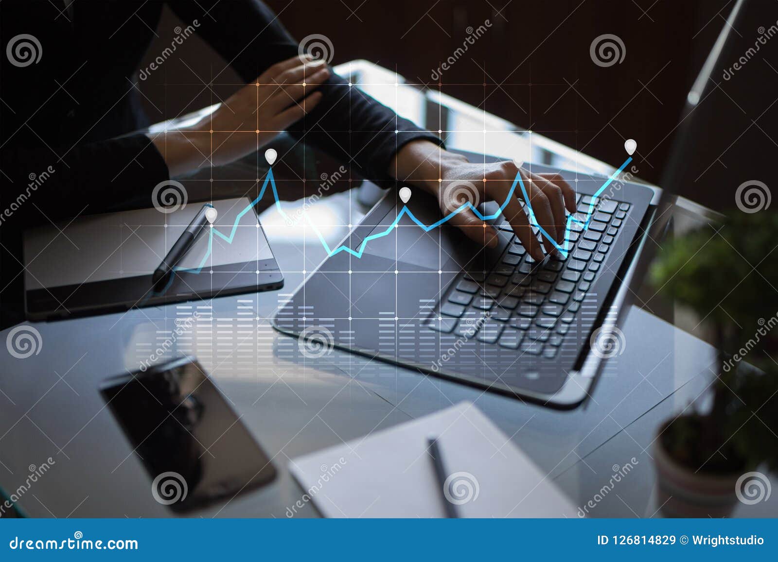 Diagrams and Graphs on Virtual Screen. Business Strategy, Data Analysis Technology and Financial ...