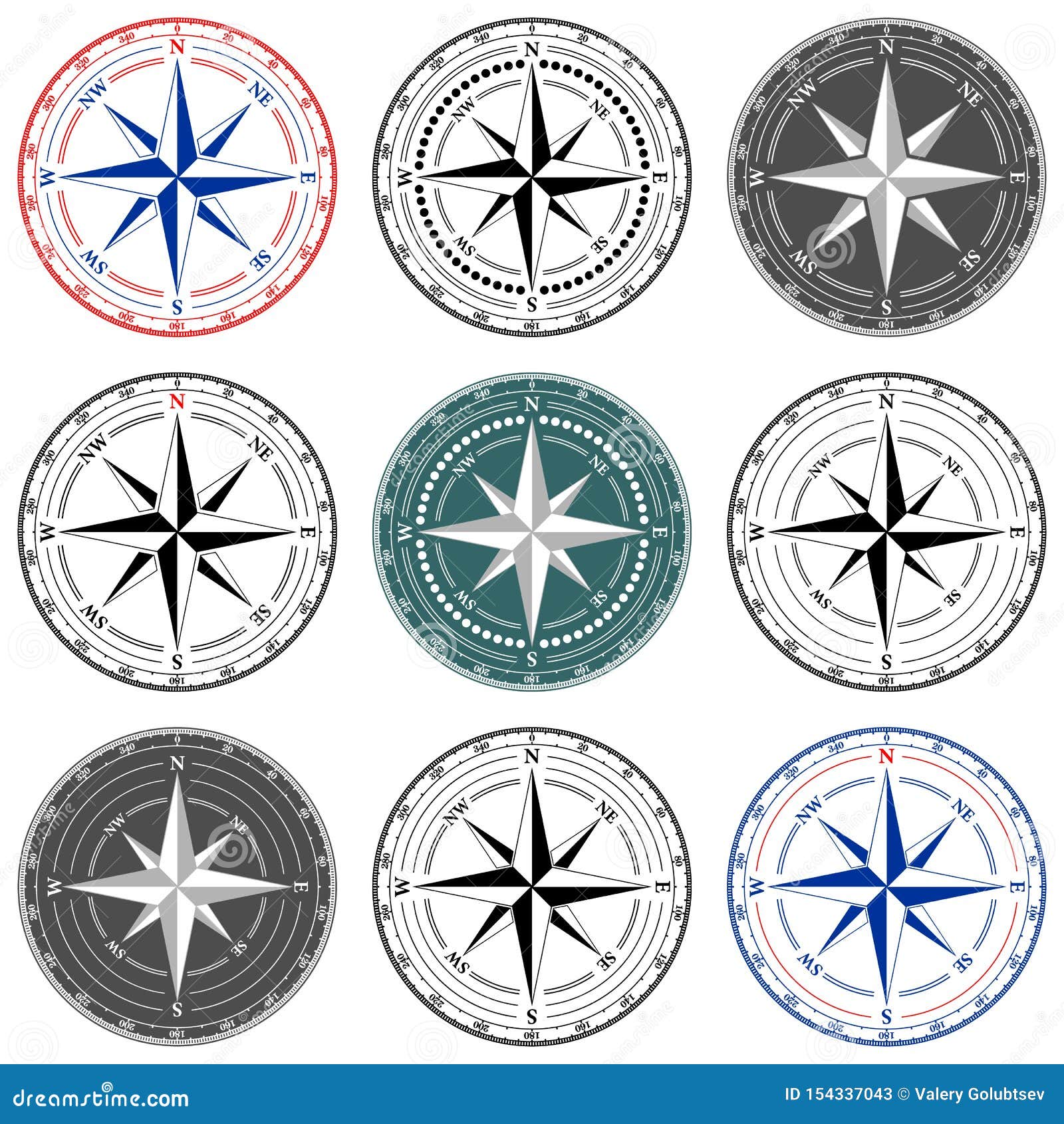 Dial Compass Set with Windrose. 9 Vector Illustrations Stock Vector ...
