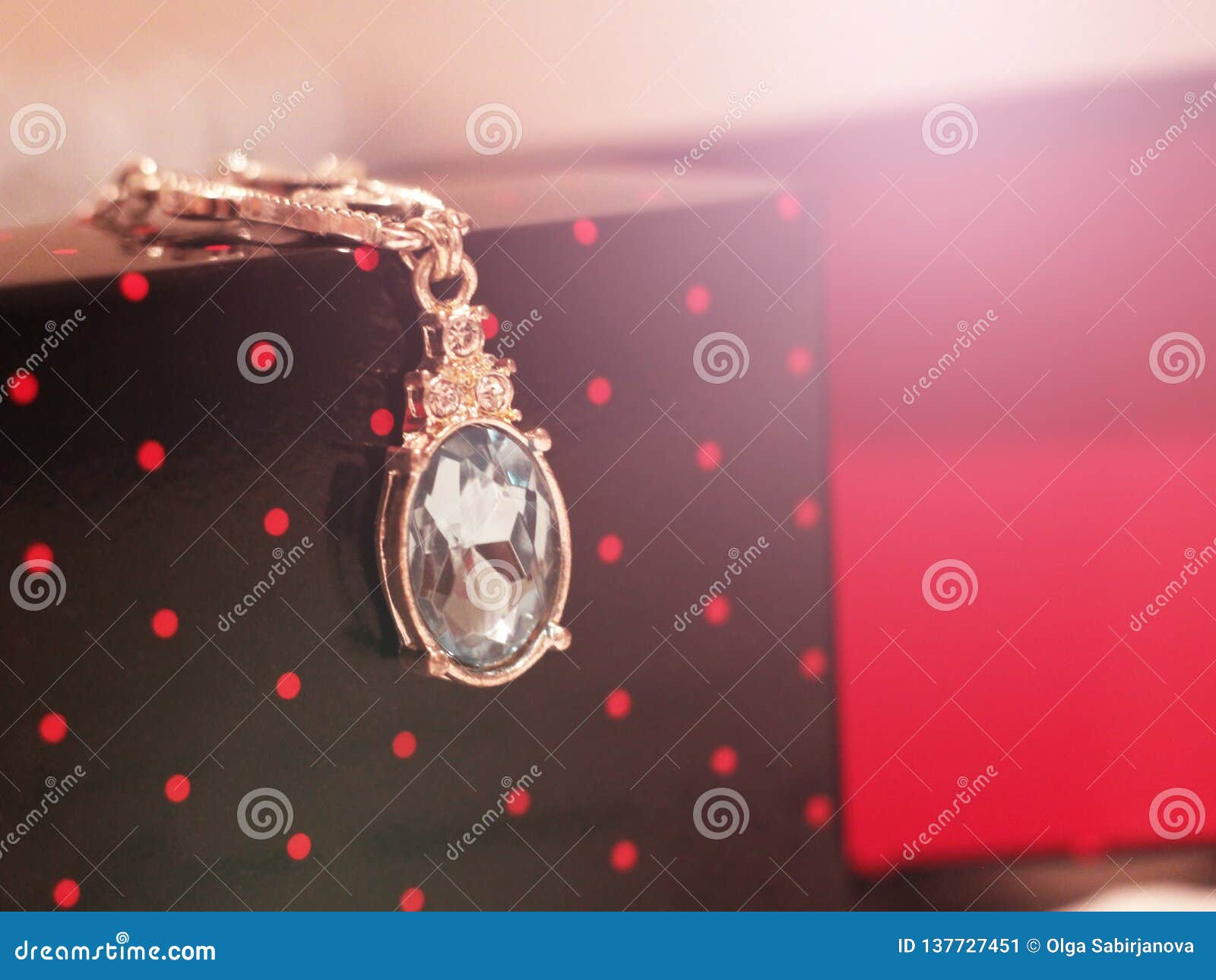 Diamond Chain with a Green Pendant in Gift Box Stock Image - Image of ...